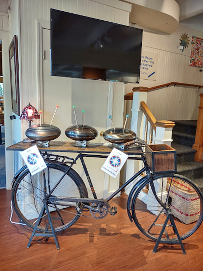 Vintage meets whimsy in this bicycle display, where everyday transportation becomes an art installation worthy of your full attention.