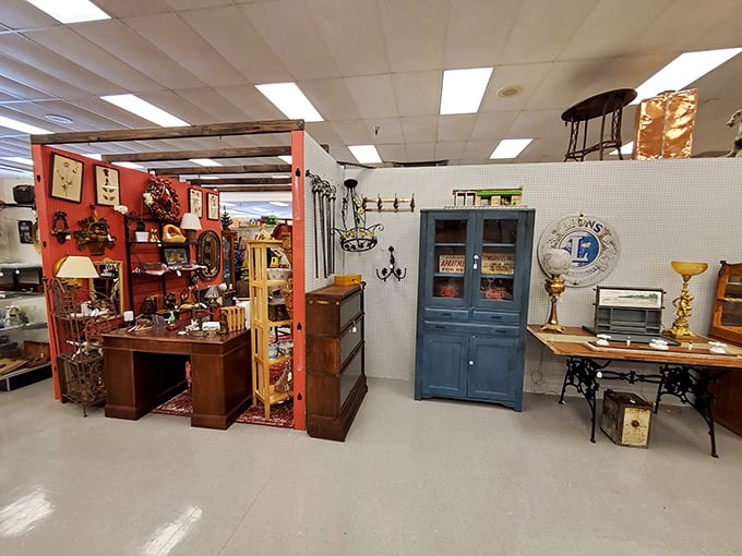 Color-coded booths create visual feasts for browsers. That blue cabinet would solve all your storage problems, while simultaneously creating a new addiction to vintage furniture.