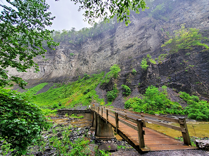 This wooden bridge feels like crossing into a fairy tale setting&mdash;halfway expecting to find woodland creatures offering directions to the nearest enchanted waterfall.