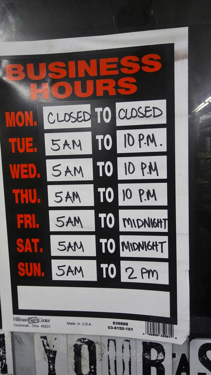 These hours tell you everything about priorities: closed Mondays (for recovery) and open at 5am (for the serious donut enthusiasts). Plan accordingly.