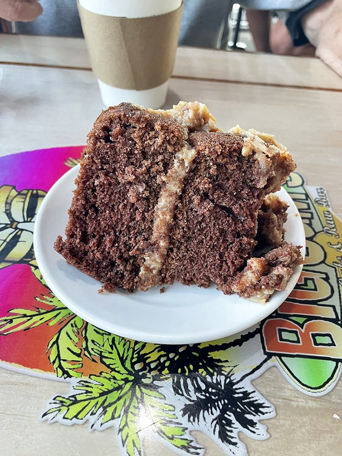 A slice of homemade cake that whispers, "You deserve this after all that healthy seafood." Who are we to argue?