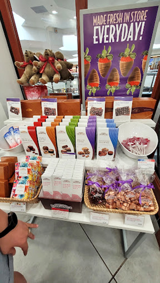 Teddy bears supervise a rainbow of chocolate varieties. This display corner has caused more impulse purchases than late-night television ever could.
