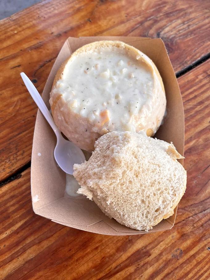 Clam chowder in a sourdough bowl: the California coast in edible form. This isn't just soup&mdash;it's a warm, creamy hug from the Pacific Ocean.