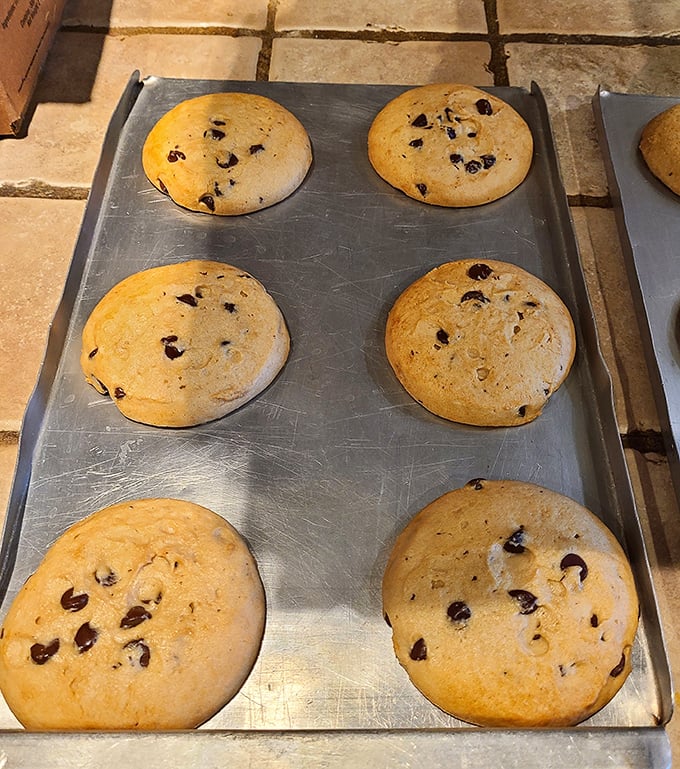 The grand finale: freshly baked chocolate chip cookies still on the baking sheet, waiting to put the sweet exclamation point on your meal.