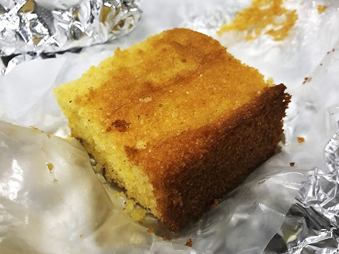 Cornbread so moist and golden it should be classified as cake. The perfect tool for sopping up every last drop of that precious sauce.