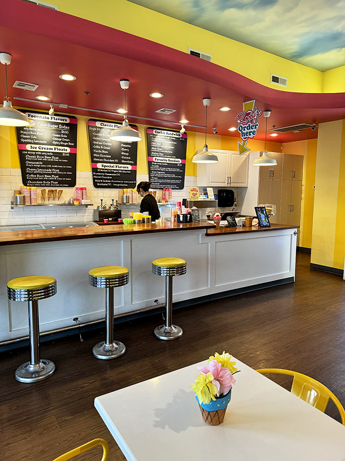 The retro counter with classic soda fountain stools invites you to perch and ponder life's big question: "Should I get seconds?"