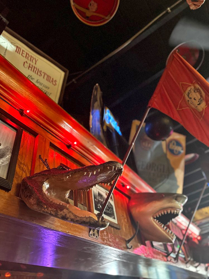 Even the ceiling tells stories. Vintage signs, flags, and yes&mdash;that's an alligator head&mdash;ensure your eyes never run out of conversation starters.