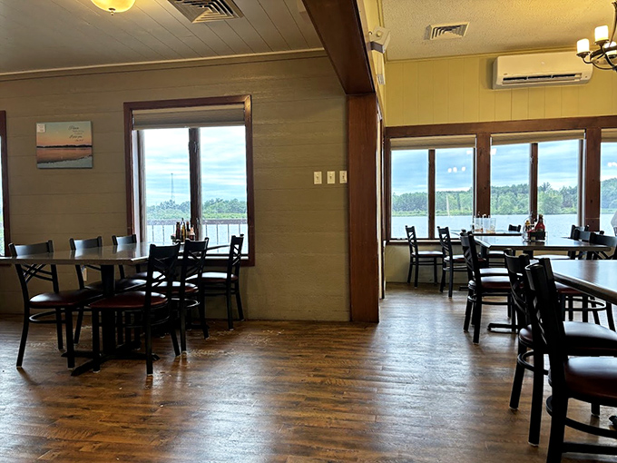 Windows framing the lake views remind you that scenery is the perfect side dish to an already memorable meal.