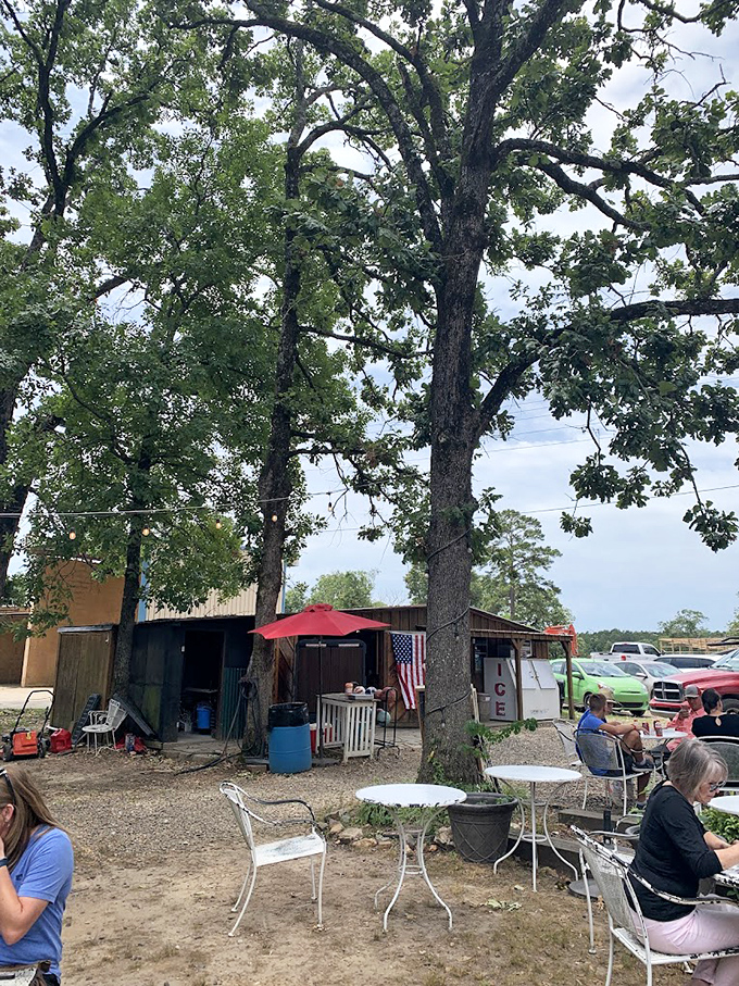 Shaded by towering trees, the simple outdoor dining area becomes an impromptu community gathering spot where strangers become friends over shared corn dog experiences.