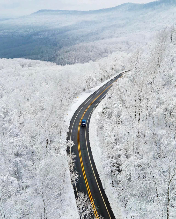 Winter's aerial masterpiece reveals the Pig Trail's graceful dancing path through a forest transformed into a crystalline wonderland.