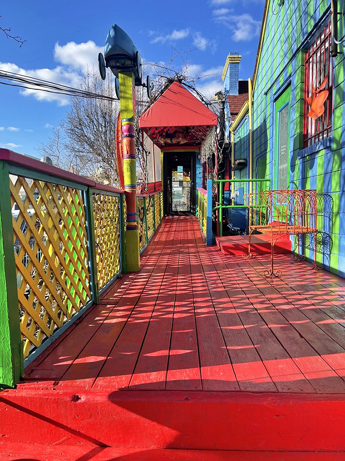 The entrance walkway is like following the rainbow road to breakfast paradise. Technicolor planks lead you to a world where normal dining rules don't apply.