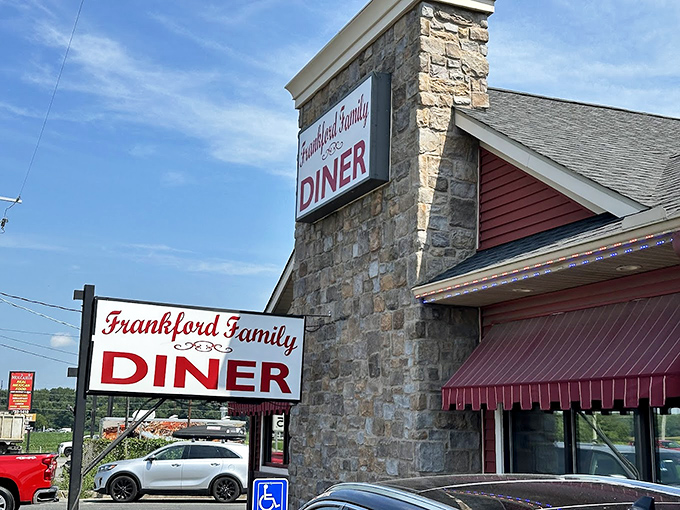The stone and red siding exterior announces "Frankford Family Diner" with quiet confidence&mdash;no flashy gimmicks needed when the food speaks volumes.