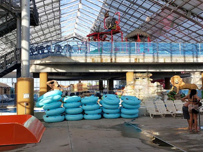 Inner tube traffic jam &ndash; the only kind of congestion that actually improves your day. Those blue flotation devices are like water park currency.