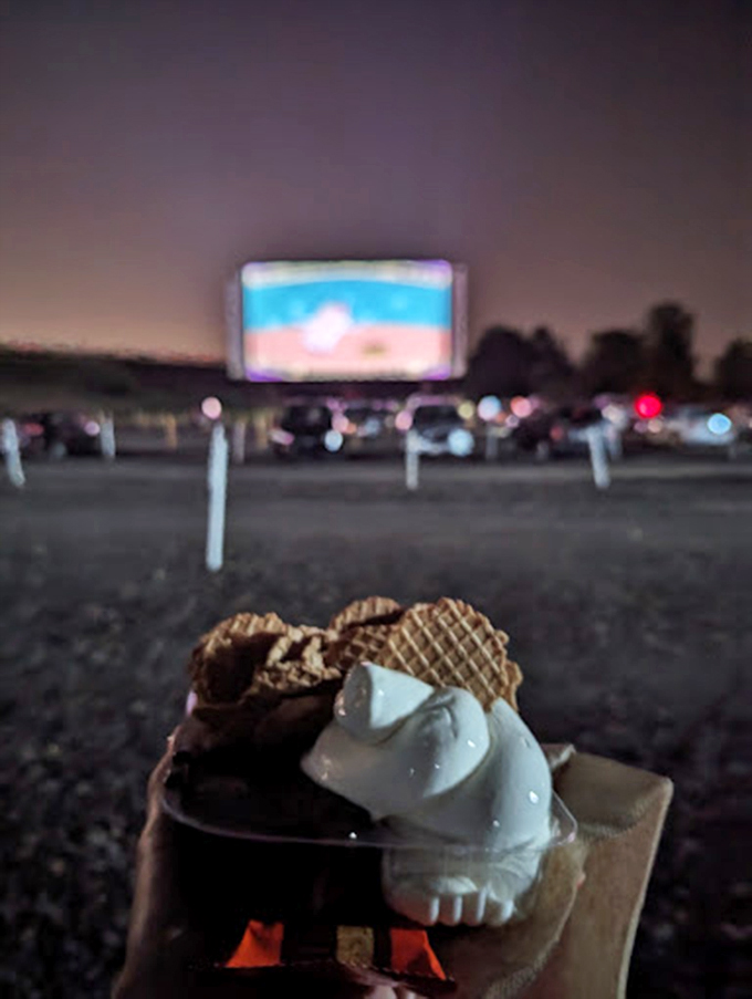 Cinema &agrave; la mode&mdash;ice cream with wafer garnish creates the perfect foreground to a blurry background of movie magic.