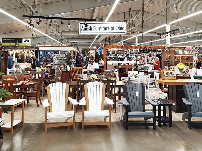 Adirondack chairs in a rainbow of options invite weary shoppers to imagine summer evenings. Your backyard's potential, displayed in technicolor.