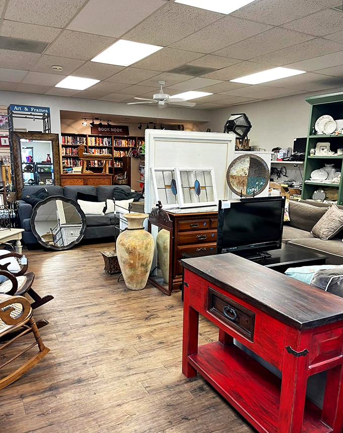 Furniture that's seen more of life than most reality shows. That red cabinet has more character than anything at those big box stores.