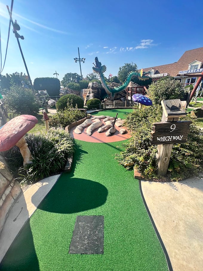 "Which way?" asks the sign, as if there's any question about following the perfectly manicured mini-golf path to putting glory.