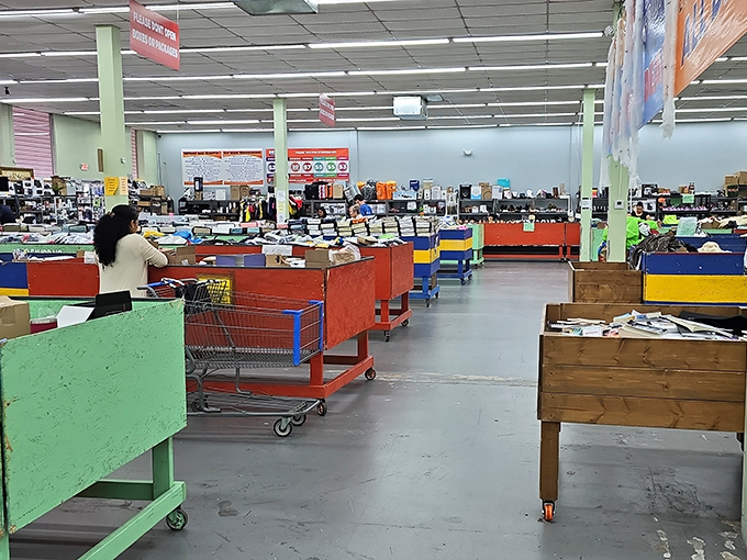 The colorful bins create a retail treasure map. X marks the spot where your wallet finally gets a break.