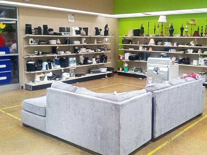 A living room vignette invites shoppers to imagine possibilities, with appliances standing at attention nearby like eager candidates at a job interview.