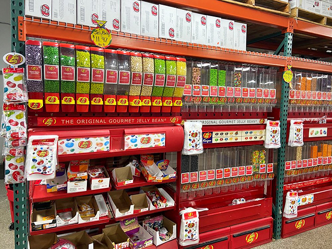 Jelly Belly heaven—where beans come in flavors from divine to deliberately disgusting. This wall of tiny flavor bombs covers every possible taste adventure.