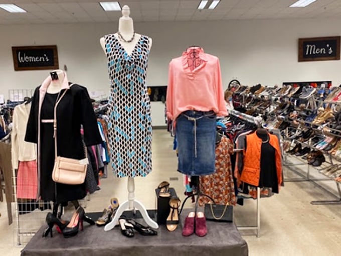 Mannequins modeling thrifted outfits that look surprisingly runway-ready. That geometric print dress wouldn't be out of place at a garden party or gallery opening.