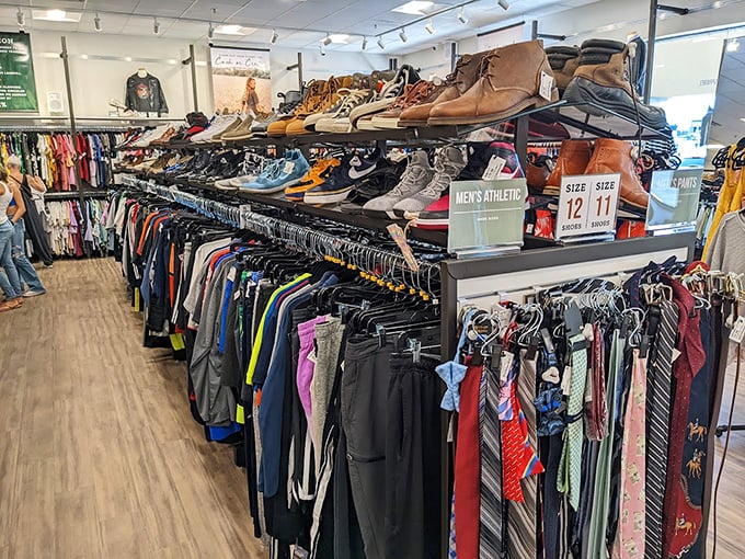 A rainbow of clothing options stretches down every aisle. If you can't find something here, you might need to reconsider your relationship with fashion.