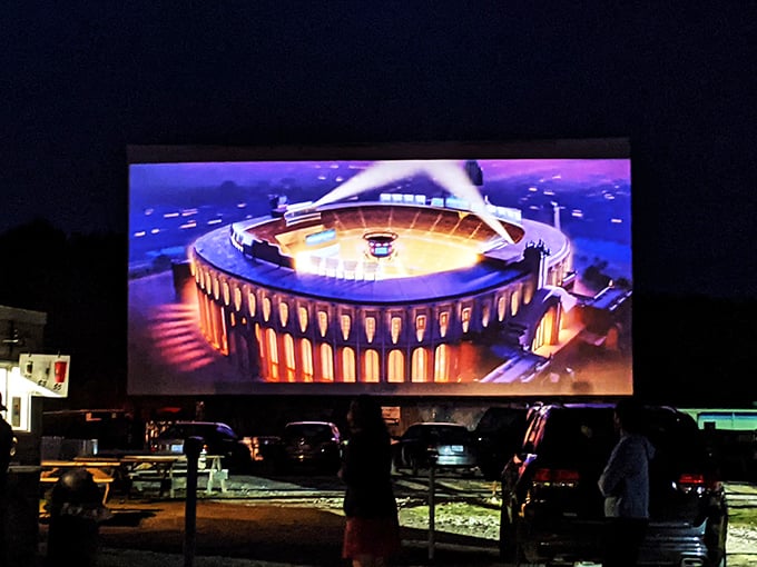 The nighttime screen glows with vibrant color, transforming a simple field into a communal living room under the stars.