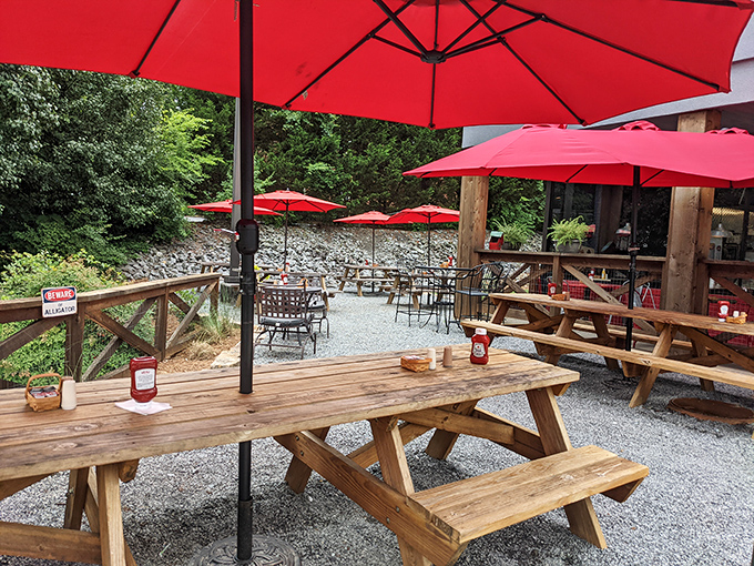 Red umbrellas and picnic tables create an outdoor dining space that feels like a secret garden, if secret gardens served biscuits instead of growing roses.