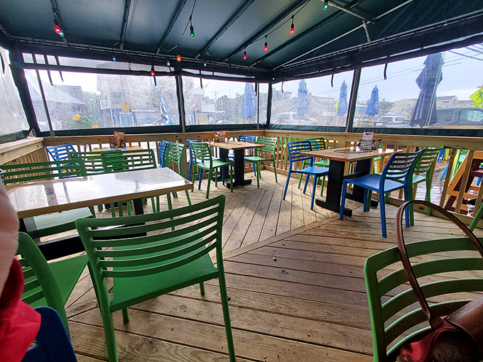 The outdoor seating area offers a front-row ticket to coastal breezes, with blue and green chairs creating a playground for grown-up appetites.