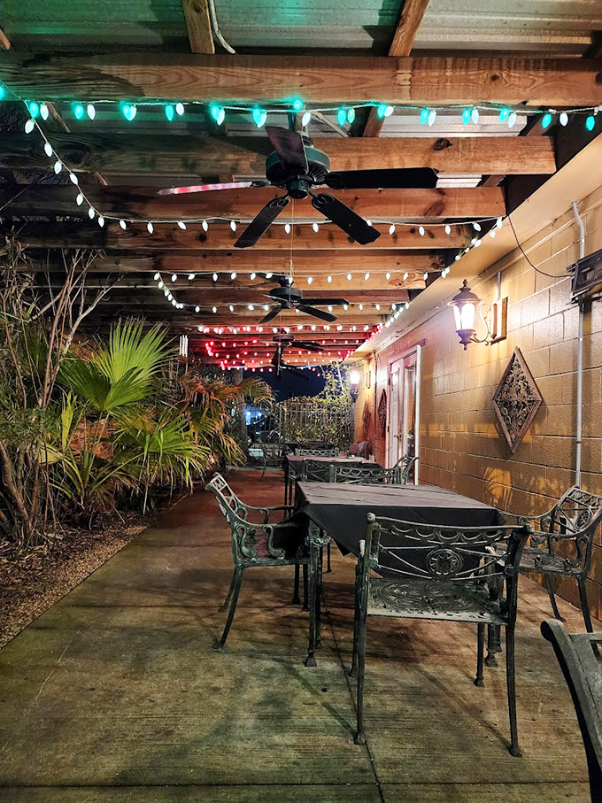 The outdoor patio strung with twinkling lights creates the perfect atmosphere for pretending you're dining al fresco somewhere along the Italian coastline.
