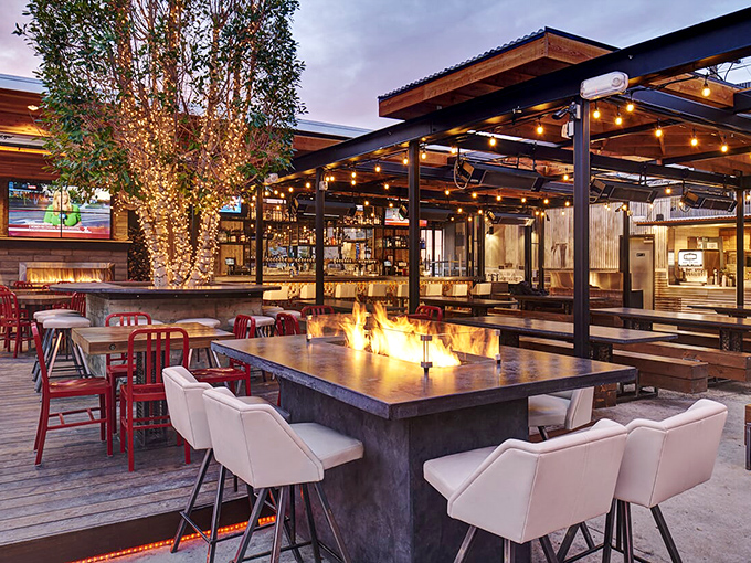 Fire tables and string lights transform outdoor dining into a magical experience. This isn't just eating outside&mdash;it's dining under the California stars with style.