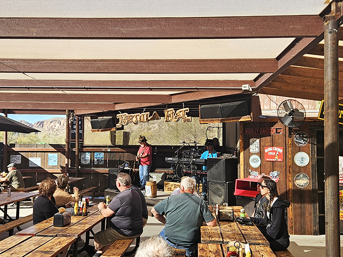 Live music on the patio&mdash;because cowboys understood that food tastes better with a soundtrack. The mountains provide backup vocals to every performance.