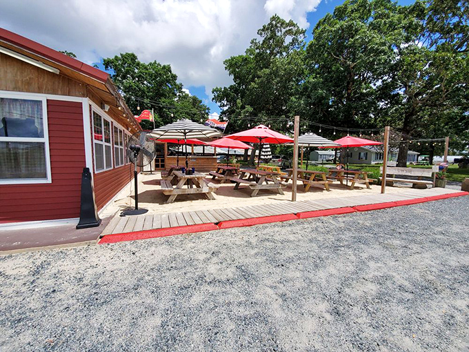 The outdoor seating area where summer memories are made, under umbrellas that have witnessed countless "mmms" and "you gotta try this."