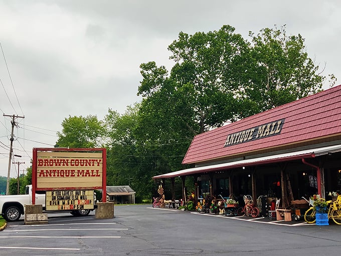 The welcoming exterior and classic signage promise a day of discovery. Brown County Antique Mall stands ready to swallow hours of your day and send you home with treasures.
