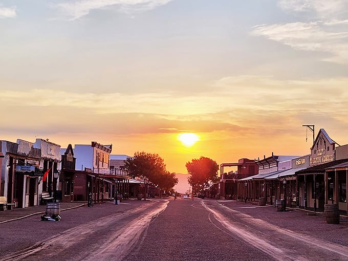 Tombstone's historic Allen Street at sunset. The perfect time to contemplate mortality, history, and where to get a good steak dinner afterward.