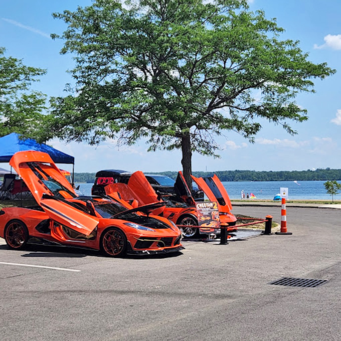 Even the parking lot offers waterfront views at Alum Creek, where Corvettes gather like exotic birds showing off their plumage near the shoreline.