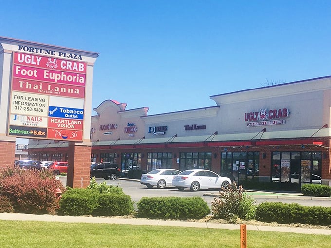The Fortune Plaza sign announces Ugly Crab's presence to passing motorists &ndash; a seafood beacon in suburban Avon's commercial landscape.