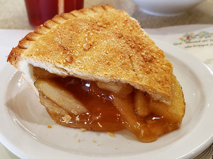 This isn't just apple pie; it's edible nostalgia with a perfectly flaky crust. The glistening filling threatens to escape, but you'll catch every last cinnamon-kissed morsel.