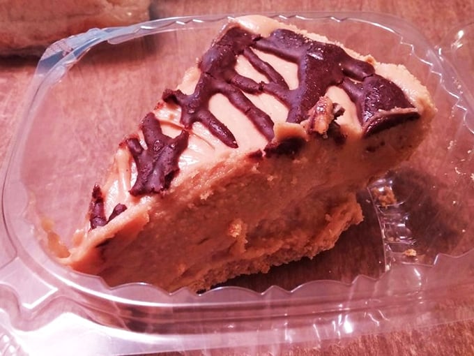 The famous peanut butter pie with chocolate drizzle&mdash;worth saving room for, even when you swear you couldn't eat another bite. Resistance is futile.