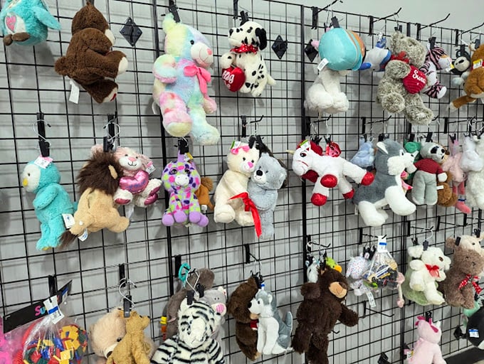 A menagerie of plush companions hanging in hopeful formation, each fuzzy face silently pleading, "Take me home and love me again."