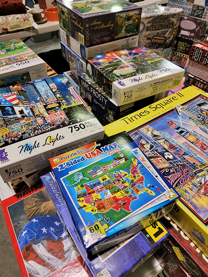 Jigsaw puzzles promising hours of coffee-table frustration and triumph. That USA map would keep the grandkids busy for at least one rainy afternoon.