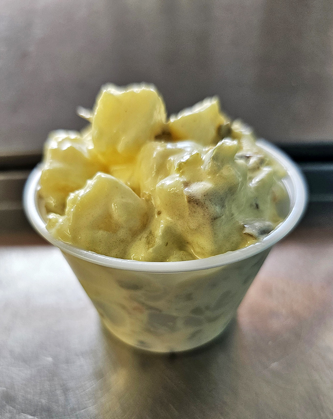 Potato salad that looks like someone's grandmother made it with love and secret ingredients. The perfect cool, creamy counterpoint to a hot, snappy dog.