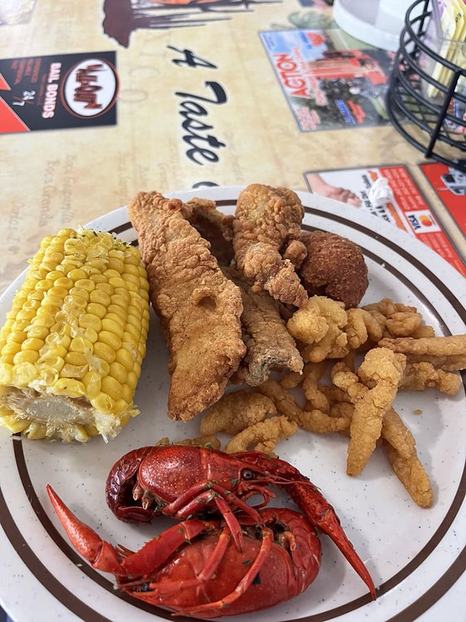 Florida seafood gets the respect it deserves&mdash;a crawfish red as a sunburn alongside corn and hushpuppies that complete this coastal celebration.