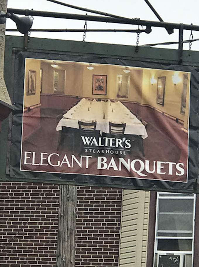 The banquet room sign promises "Elegant Banquets," which is steakhouse code for "Your diet starts tomorrow, not tonight."