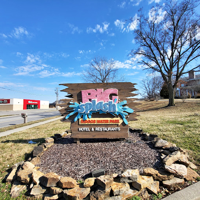 The sign that promises aquatic salvation just off the highway. Like a mirage in the Indiana landscape, but with actual water waiting inside.
