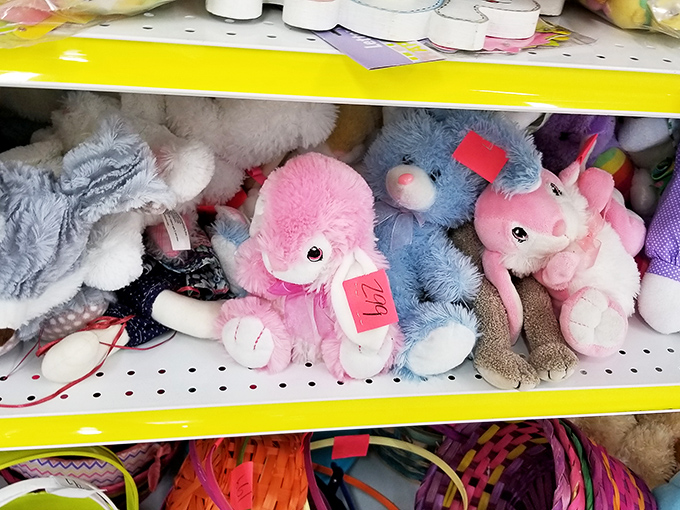 Stuffed animals lined up like hopeful orphans, each with a price tag heart, waiting for a child to love them again.
