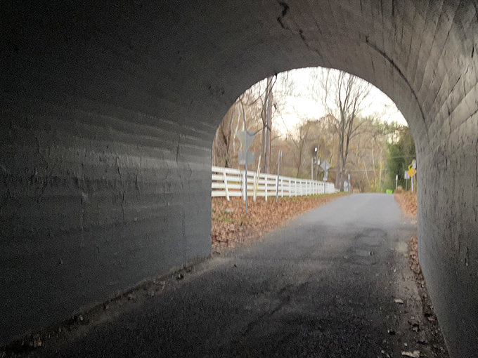 The view from within looking out. Standing inside the tunnel creates an eerie framing effect&mdash;safety behind, uncertainty ahead.