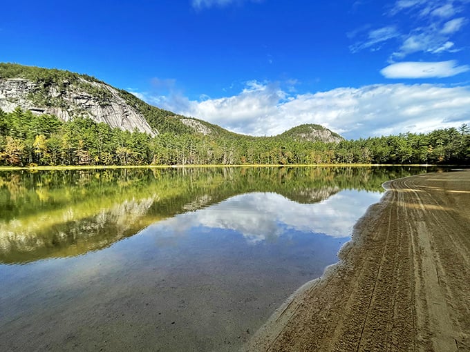 Mirror, mirror on the lake&mdash;Echo Lake's perfect reflections double the beauty of New Hampshire's magnificent White Mountains.