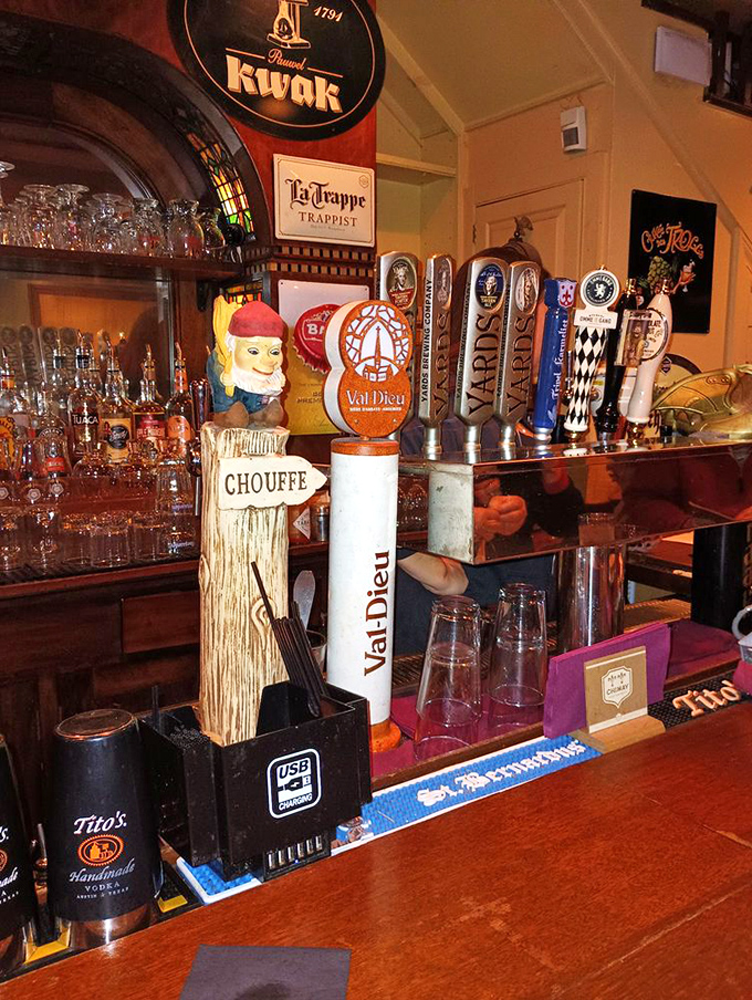 Beer taps standing at attention like colonial soldiers, ready to serve everything from Belgian Trappist ales to local Delaware brews.