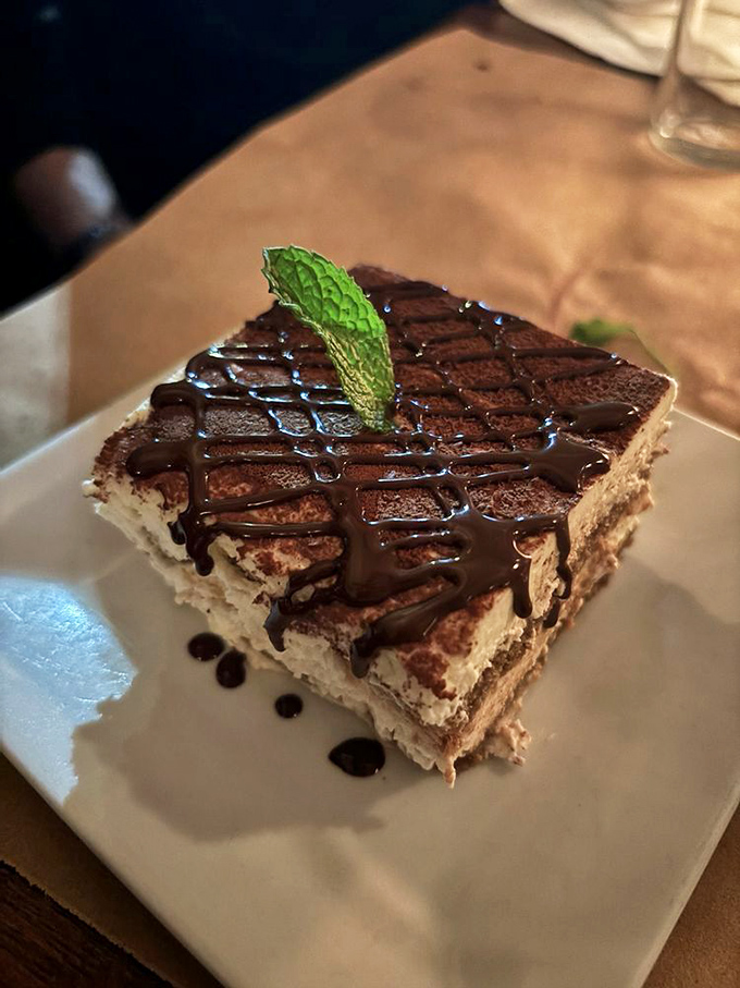 Tiramisu that doesn't try too hard. The chocolate drizzle and mint leaf say, "I'm classic, not trendy, and that's why you'll remember me."